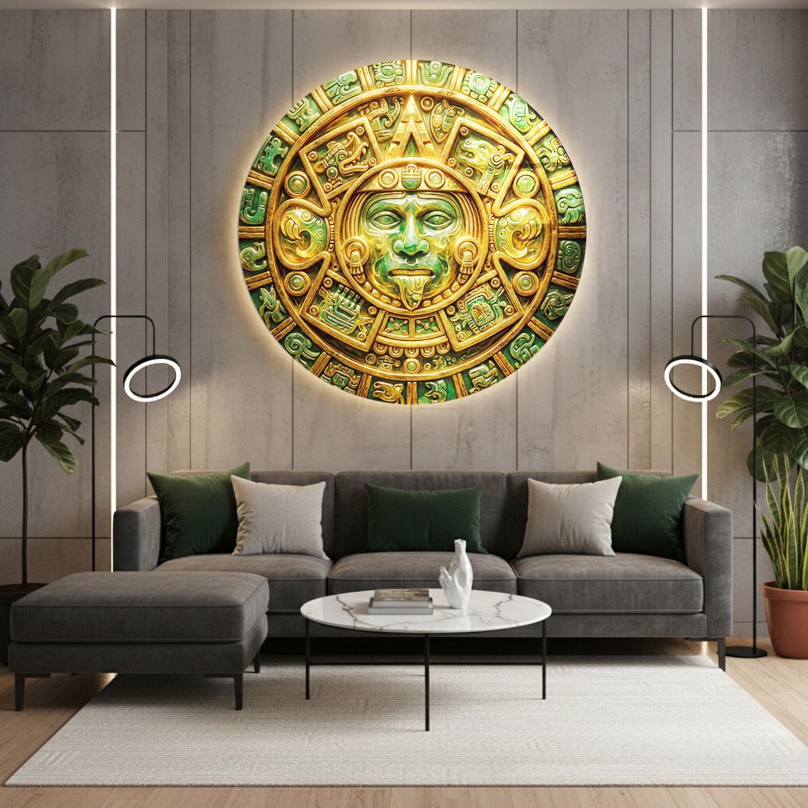 Aztec Calendar Glass Wall Art Gold Green Sun Stone Design, Ancient ...