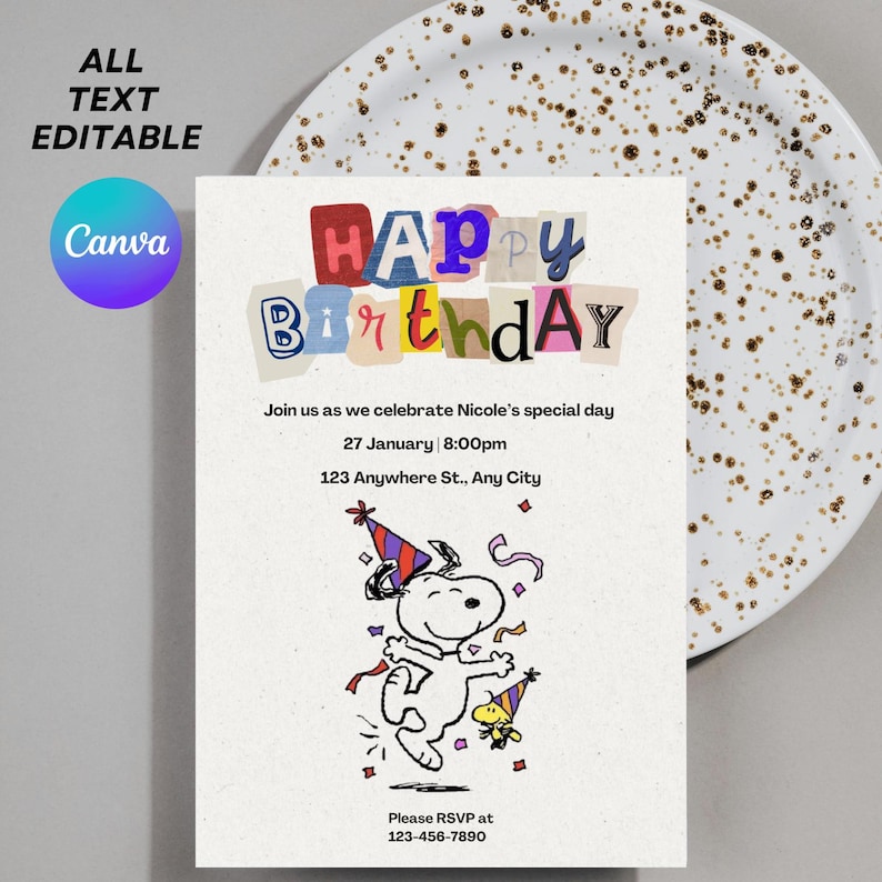 Snoopy Birthday Invitation, Printable Peanuts Card, (digital Download ...