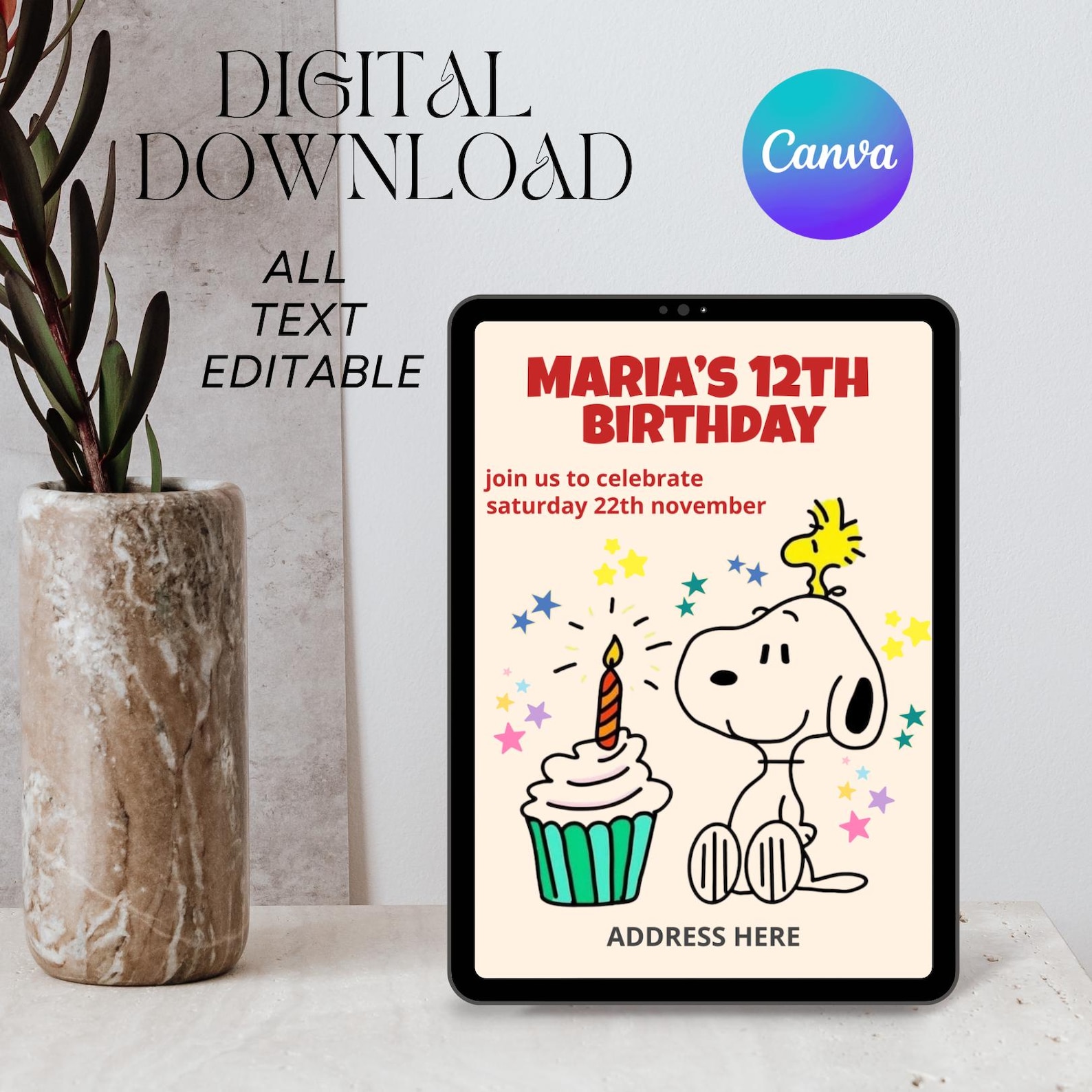 Editable Snoopy Birthday Invitation Template, Peanuts Invite (digital ...