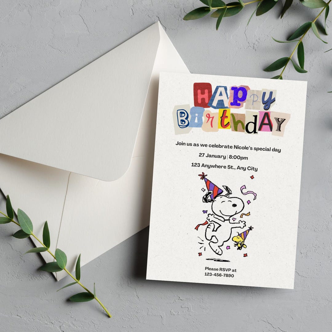 Snoopy Birthday Invitation, Printable Peanuts Card, (digital Download ...