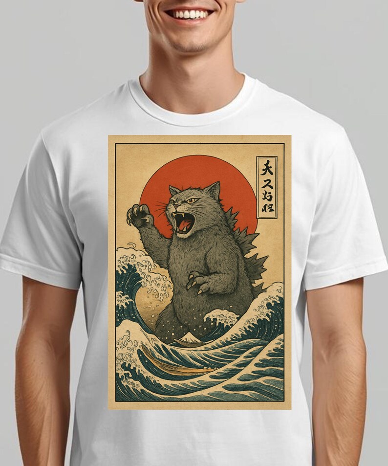 Kaiju Cat Ukiyoe PNG, Japanese Rising Sun Wave Art (digital Download ...
