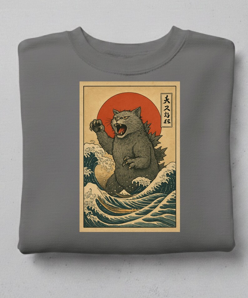 Kaiju Cat Ukiyoe PNG, Japanese Rising Sun Wave Art (digital Download ...