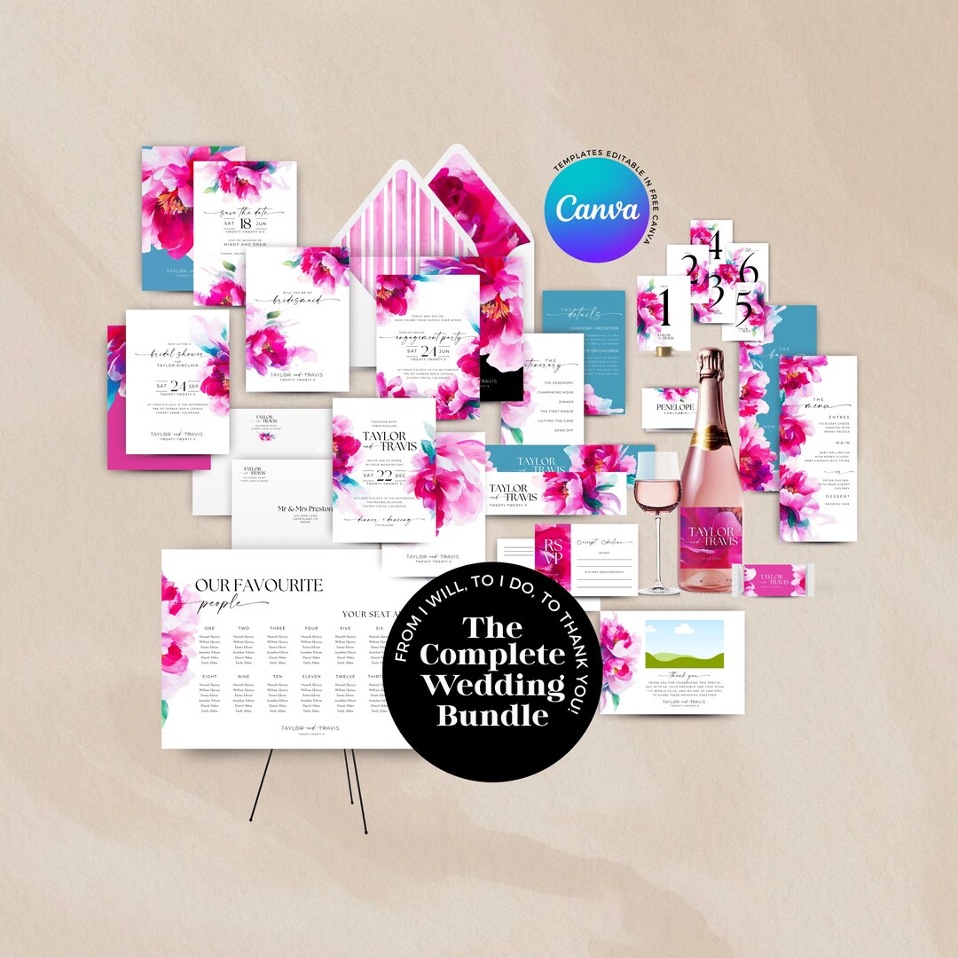 Floral Wedding Invitation Complete Suite | Canva Template (digital ...