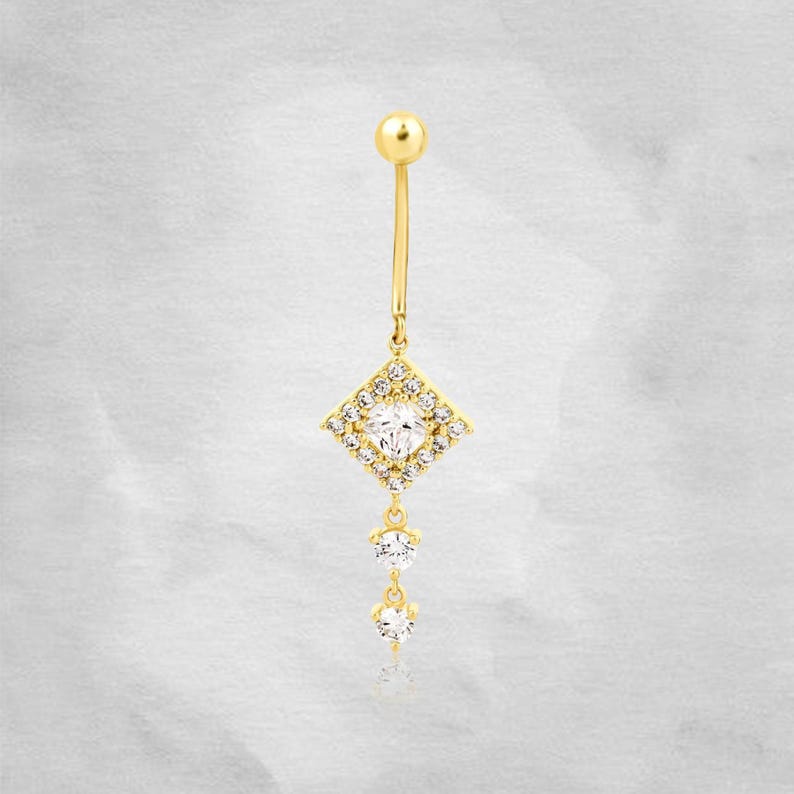 14k Solid Gold Square Dangle Belly Ring With CZ Stones - Etsy