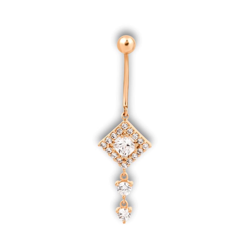14k Solid Gold Square Dangle Belly Ring With CZ Stones - Etsy