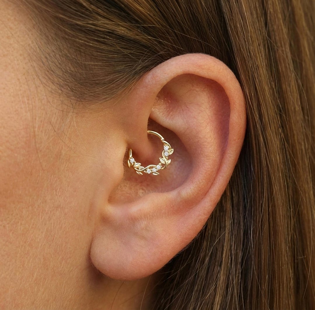 14K Solid Gold Leaf Septum Clicker Hoop for Daith and Helix Piercings ...
