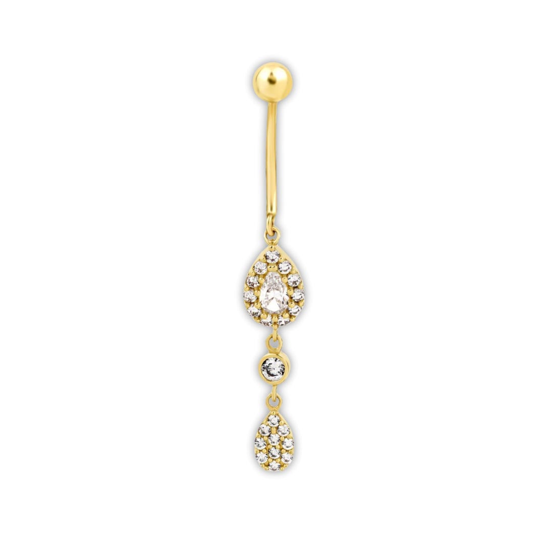 14K Solid Gold Dangle Belly Ring With CZ – Teardrop Navel Piercing - Etsy