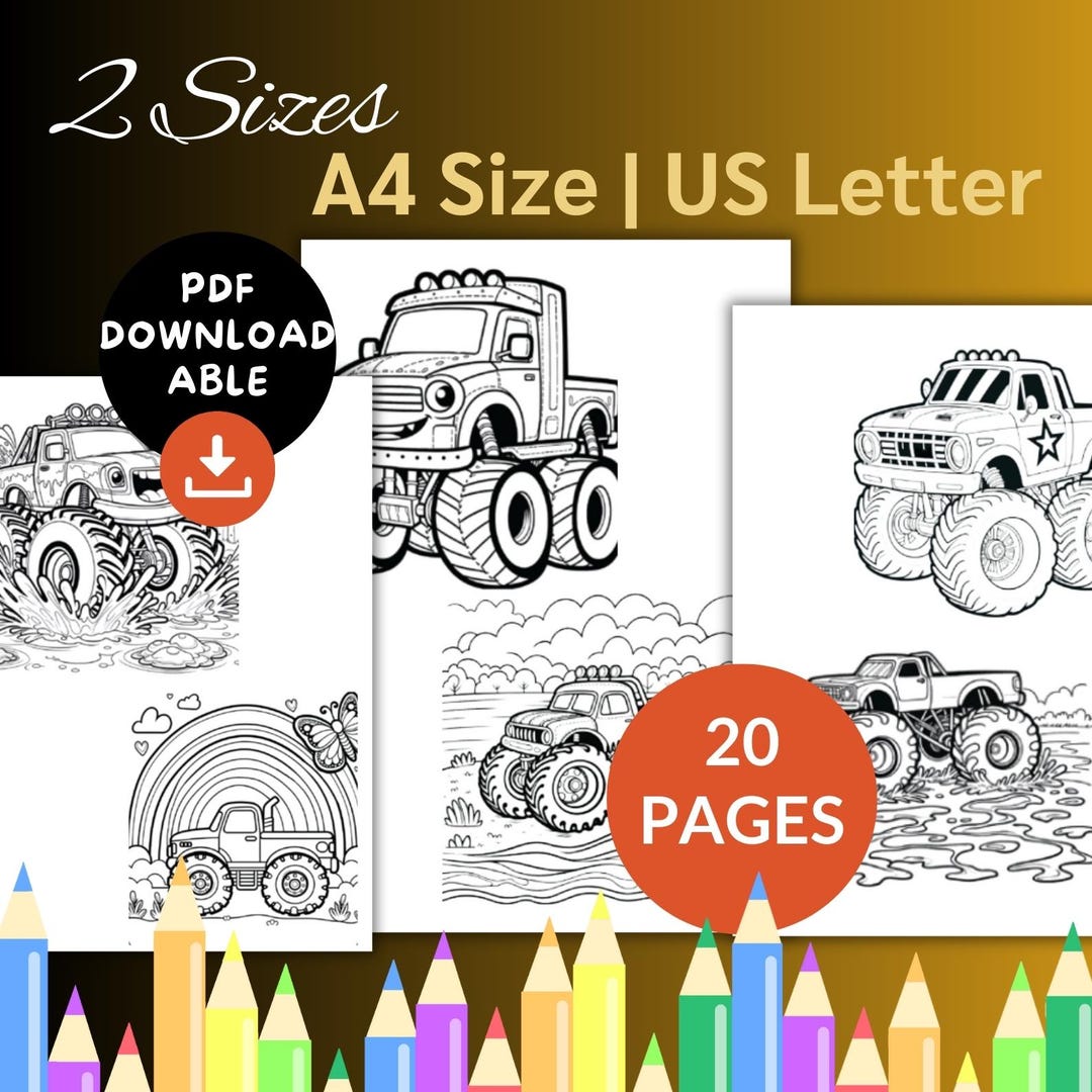 Monster Truck Coloring Page PDF Printable A4 Digital Download - Etsy