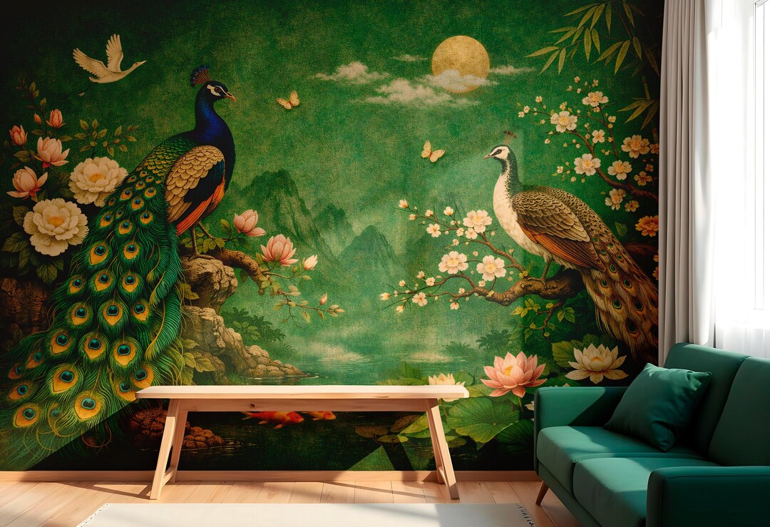Emerald Peacock Garden - Green Wall Mural With Peacocks, Elegant ...
