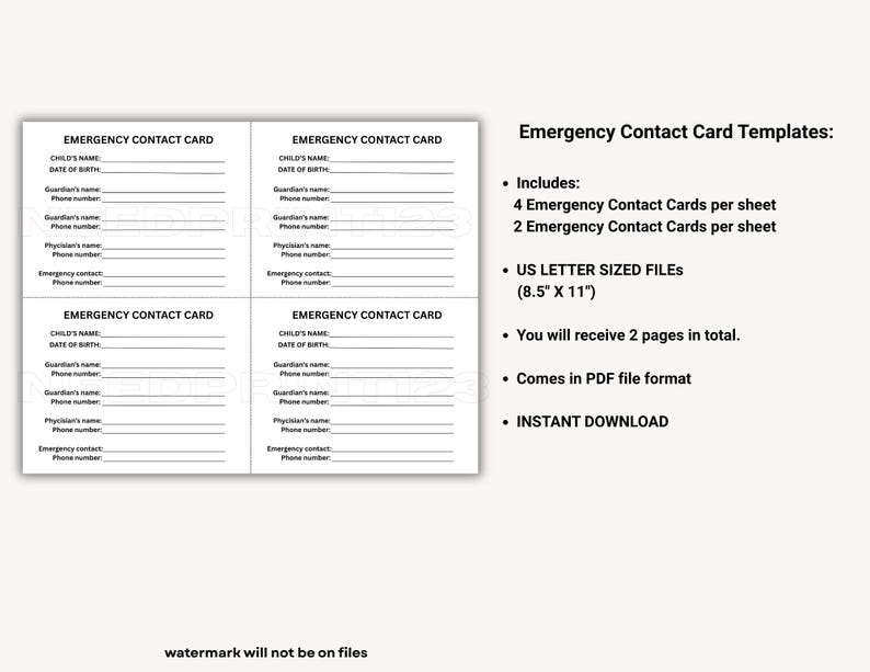 Emergency Contact Cards Printable Templates: Instant Download, PDF, US ...