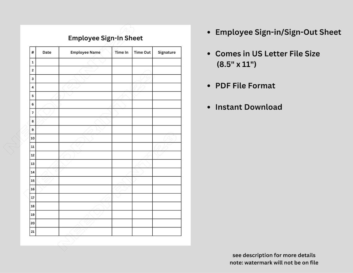 Employee Sign-in Sign-out Sheet, Printable: (PDF Digital Download) - Etsy