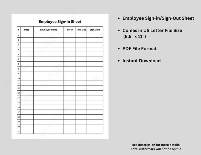 Employee Sign-in Sign-out Sheet, Printable: (PDF Digital Download) - Etsy