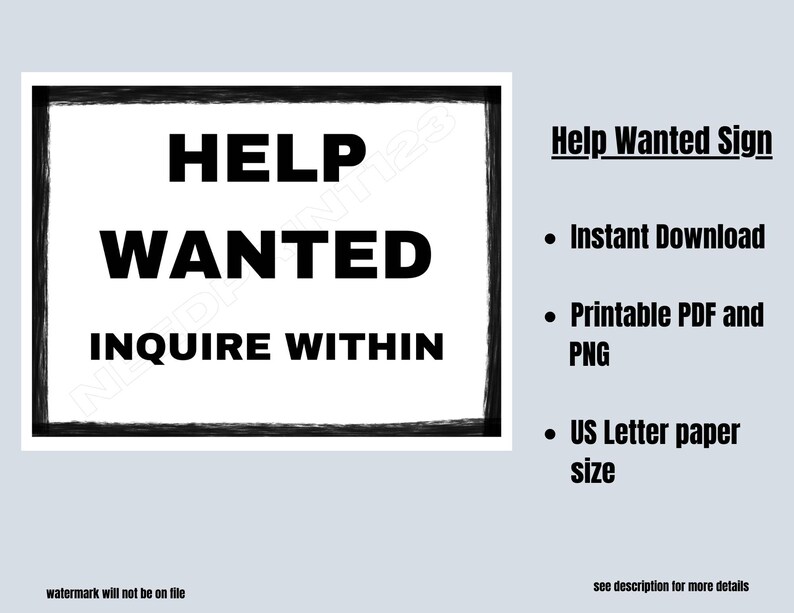 Help Wanted Printable Sign: Instant Download, US Letter, PDF, PNG ...