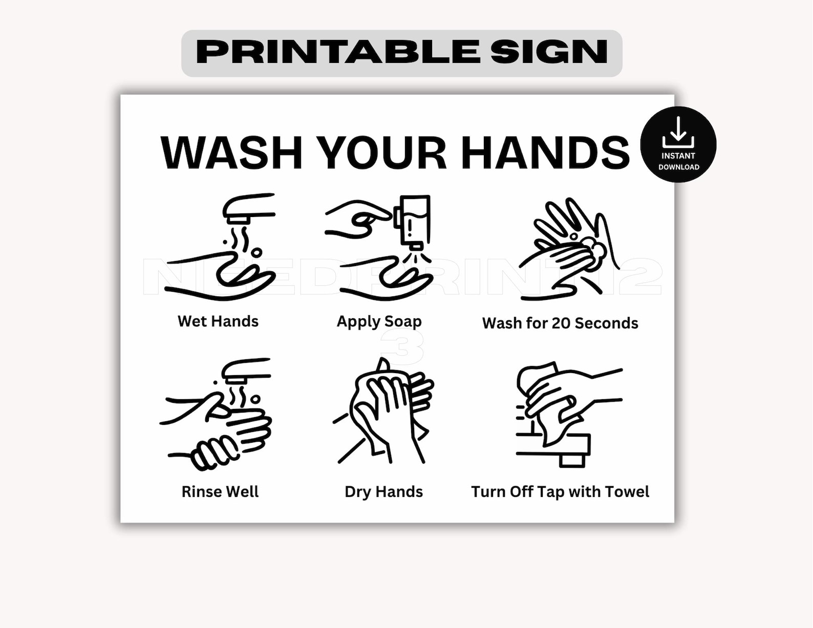 Hand Washing Sign, Printable Healthcare and Business Sign: (PDF, US ...