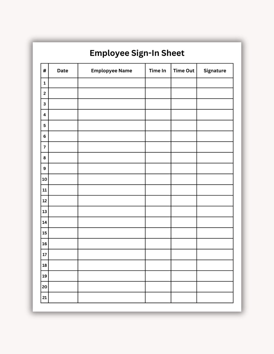 Employee Sign-in Sheet, Work Log in Sheet, Minimalist Style, US Letter ...
