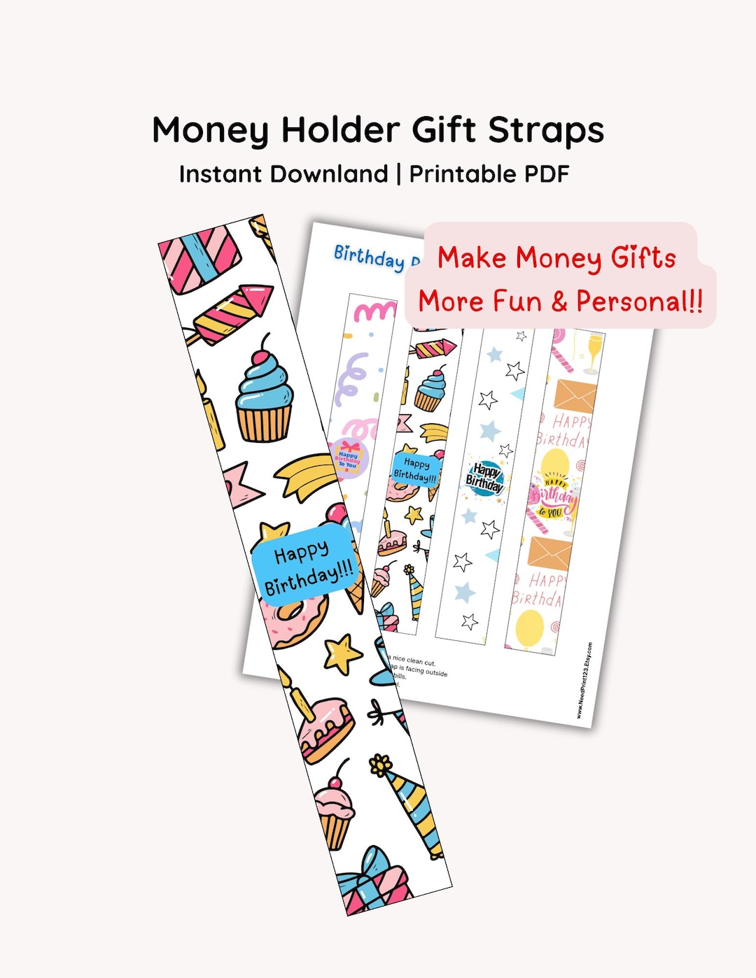 Birthday Money Strap Printable PDF, Cash Gift Holder Straps: Instant ...