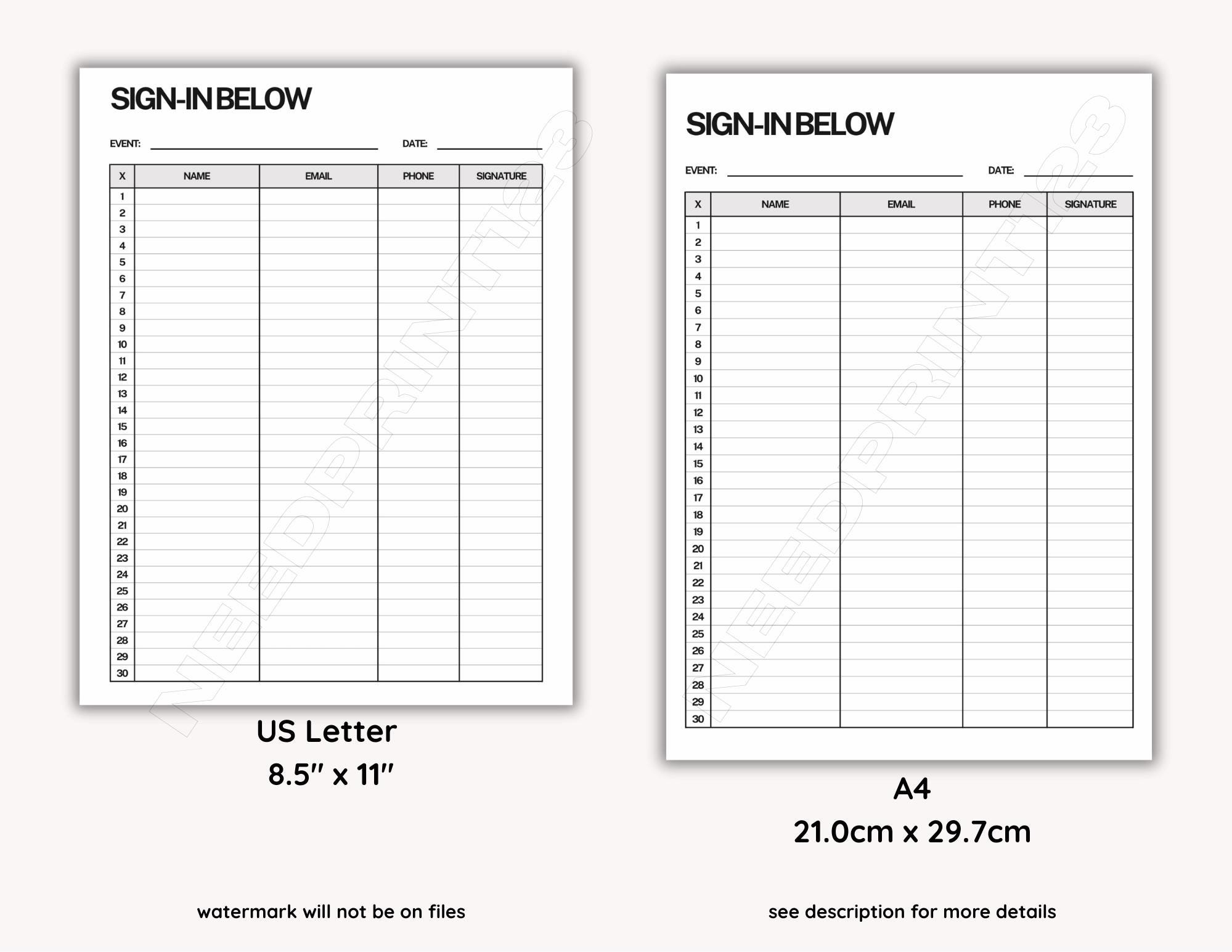 Sign in Sheet for Events, Printable Template: Instant Download, PDF, US ...