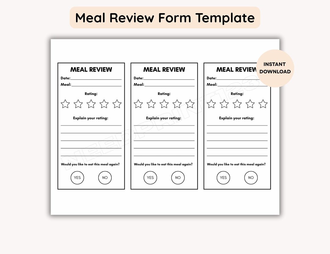 Meal Review Forms Printable Template: Instant Download, US Letter, PDF ...