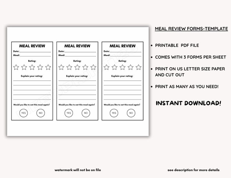 Meal Review Forms Printable Template: Instant Download, US Letter, PDF ...
