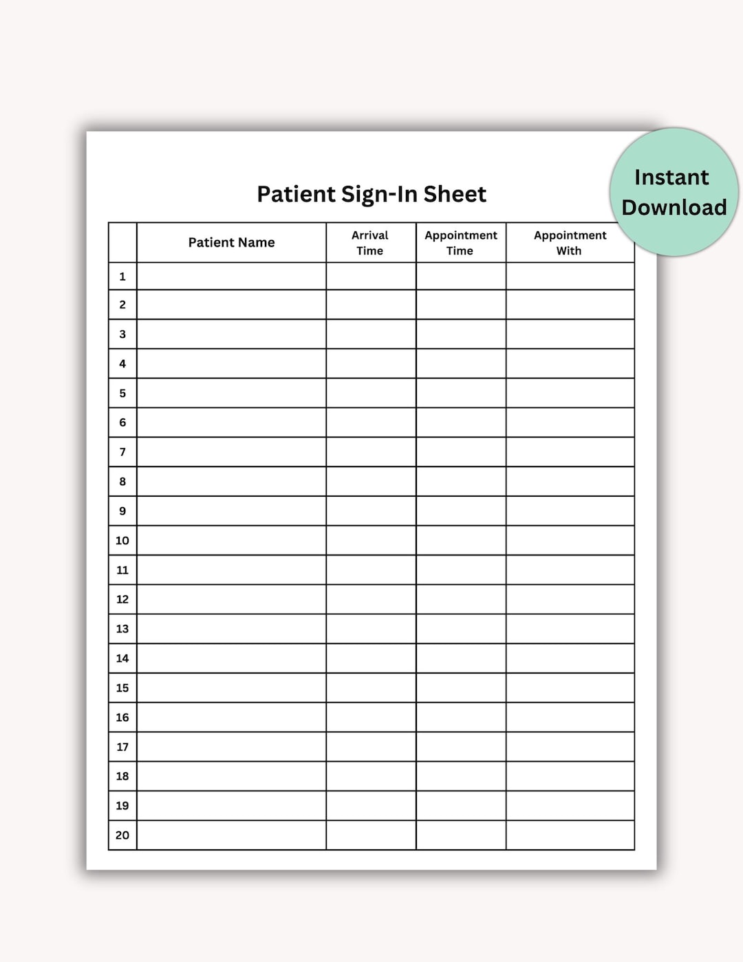 Patient Sign in Sheet: Printable PDF, Instant Download, US Letter - Etsy