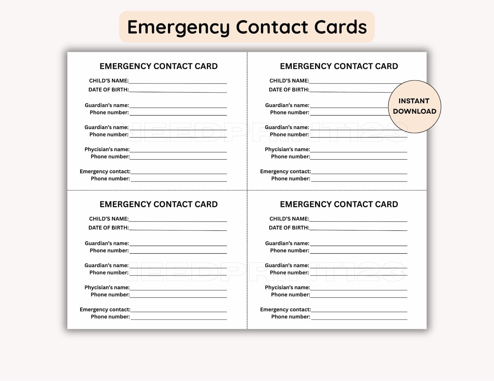Emergency Contact Cards Printable Templates: Instant Download, PDF, US ...