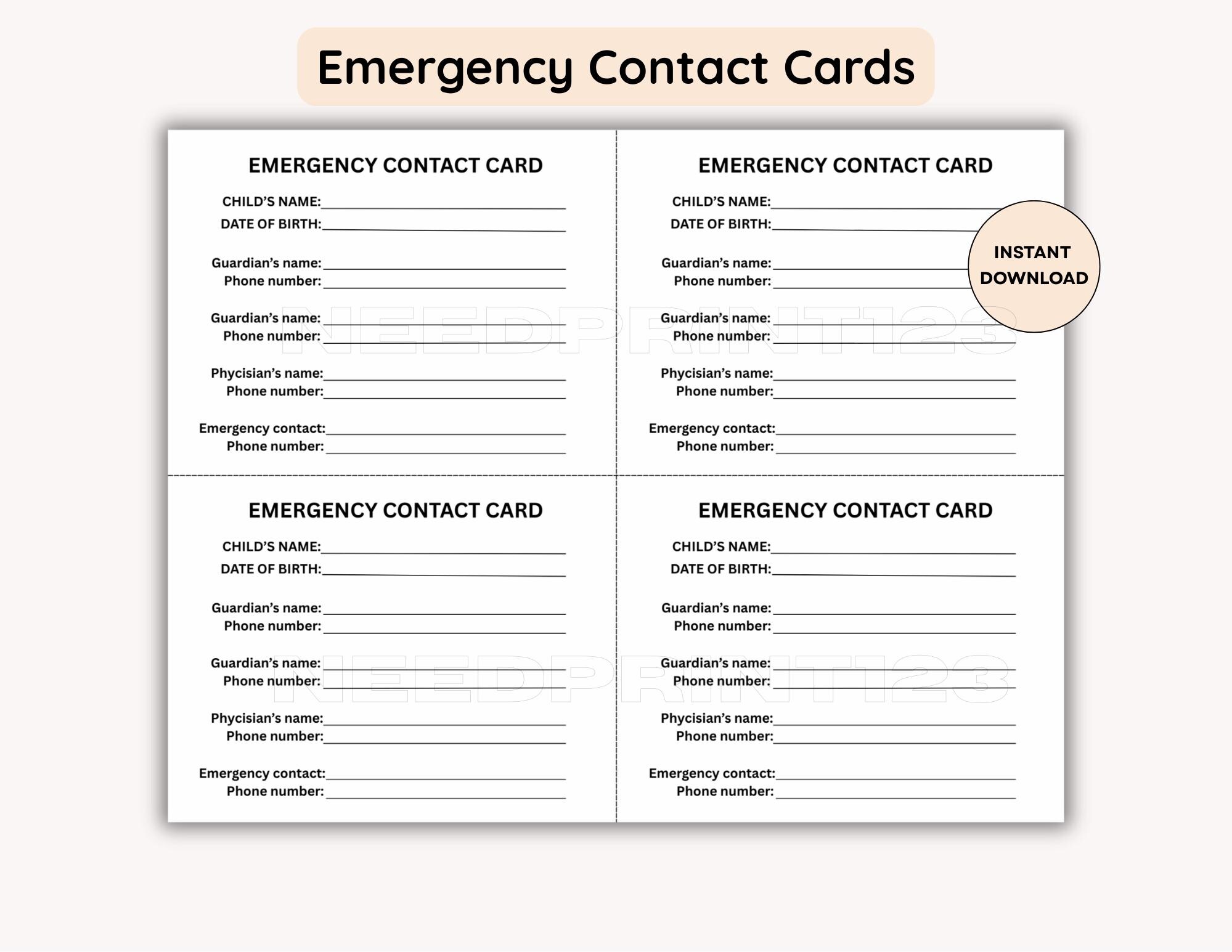 Emergency Contact Cards Printable Templates: Instant Download, PDF, US ...