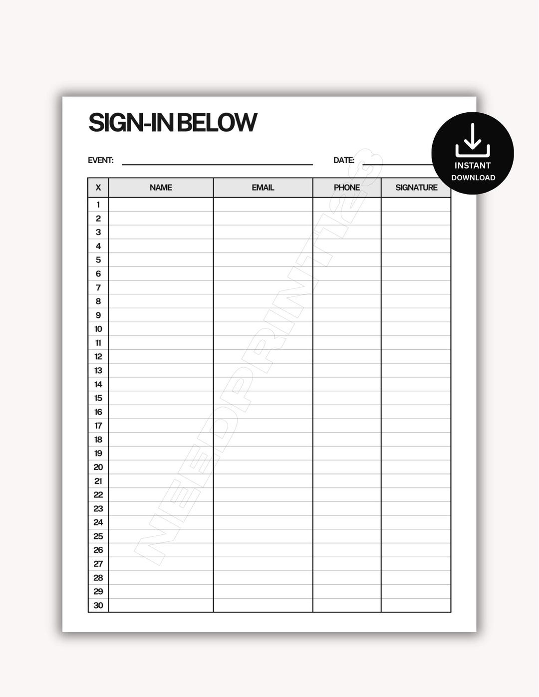 Sign in Sheet for Events, Printable Template: Instant Download, PDF, US ...