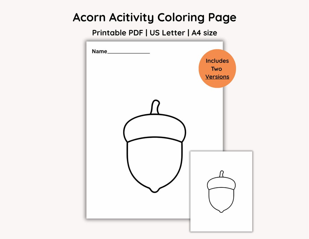 Acorn Outline Activity Coloring Page: Printable Acorn Template (PDF, US ...