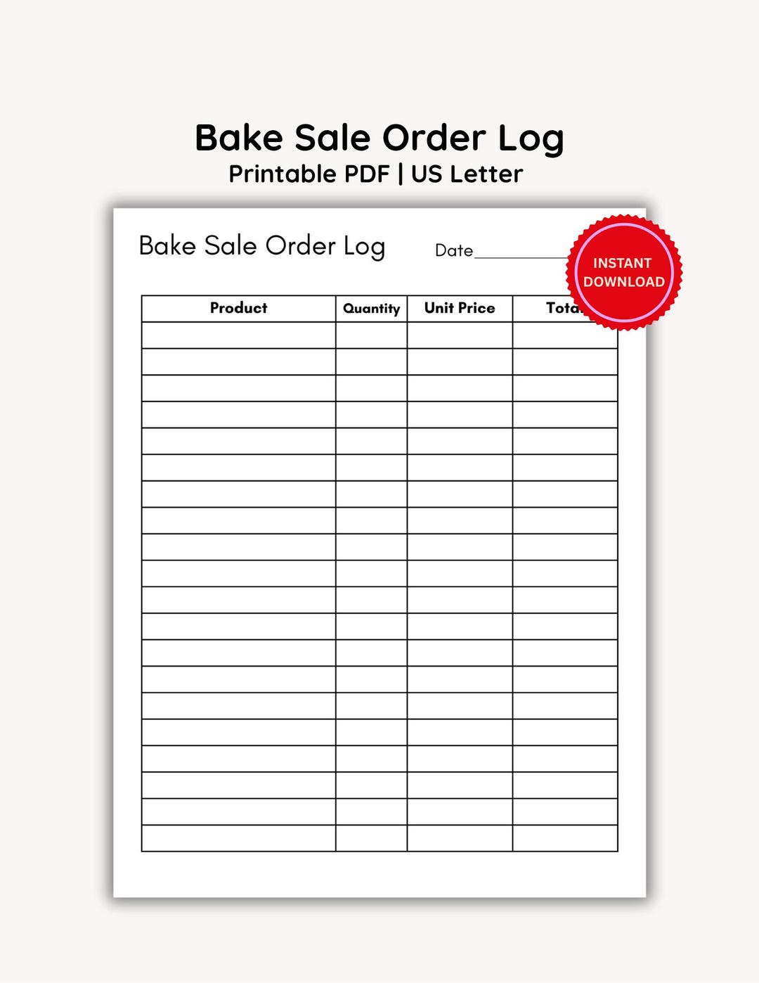 Bake-sale Order Log Sheet: Printable PDF (US Letter) - Etsy