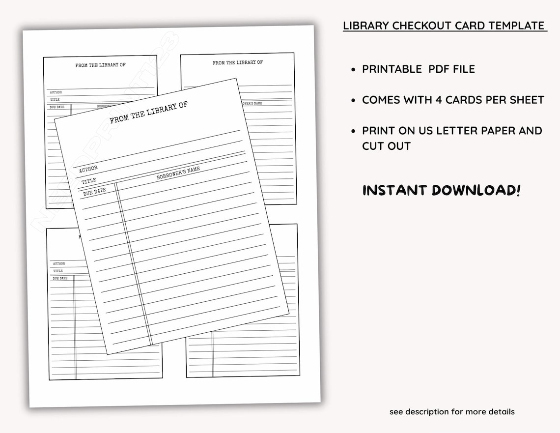 Library Checkout Cards Printable Template: Instant Download, US Letter ...