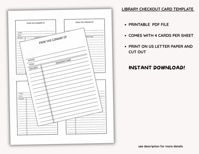 Library Checkout Cards Printable Template: Instant Download, US Letter ...