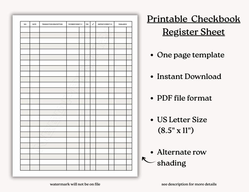 Printable Checkbook Register Template, Bank Transaction Tracker: PDF ...
