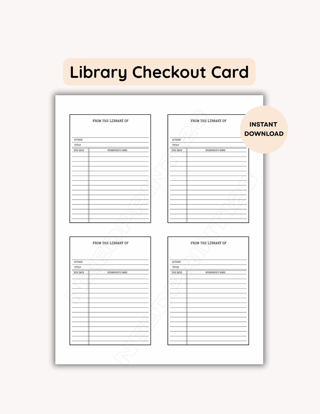 Library Checkout Cards Printable Template: Instant Download, US Letter ...