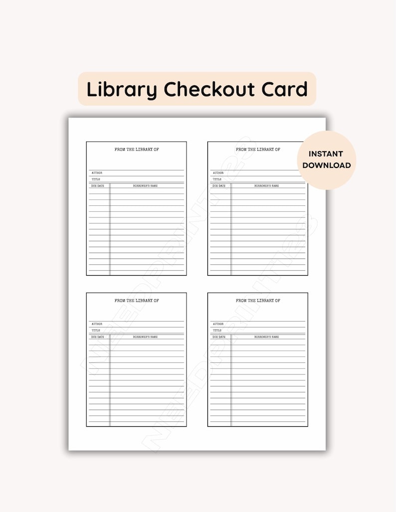 Library Checkout Cards Printable Template: Instant Download, US Letter ...