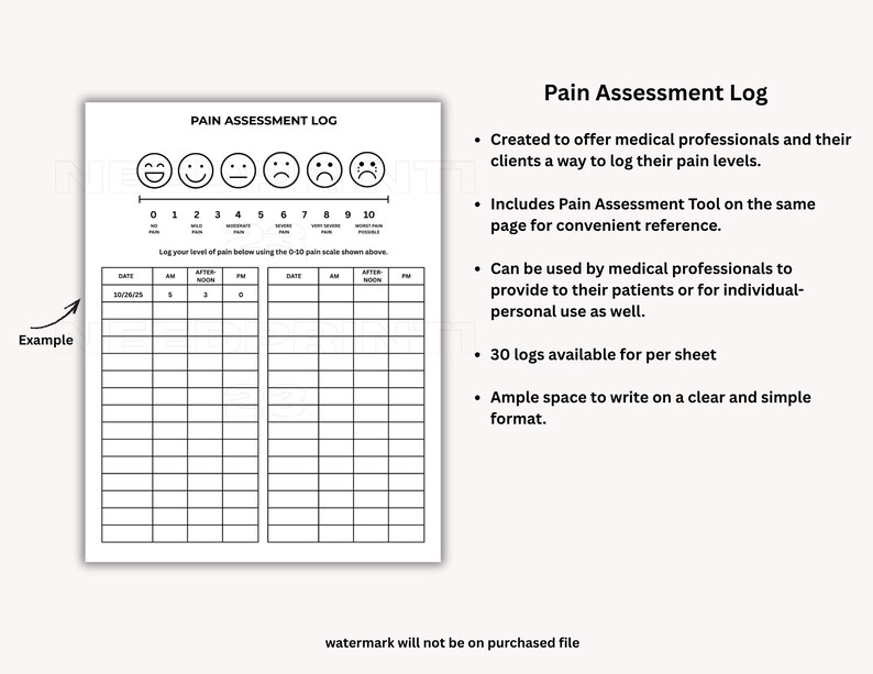 Pain Assessment Log Printable, Professional and Personal Use: PDF ...
