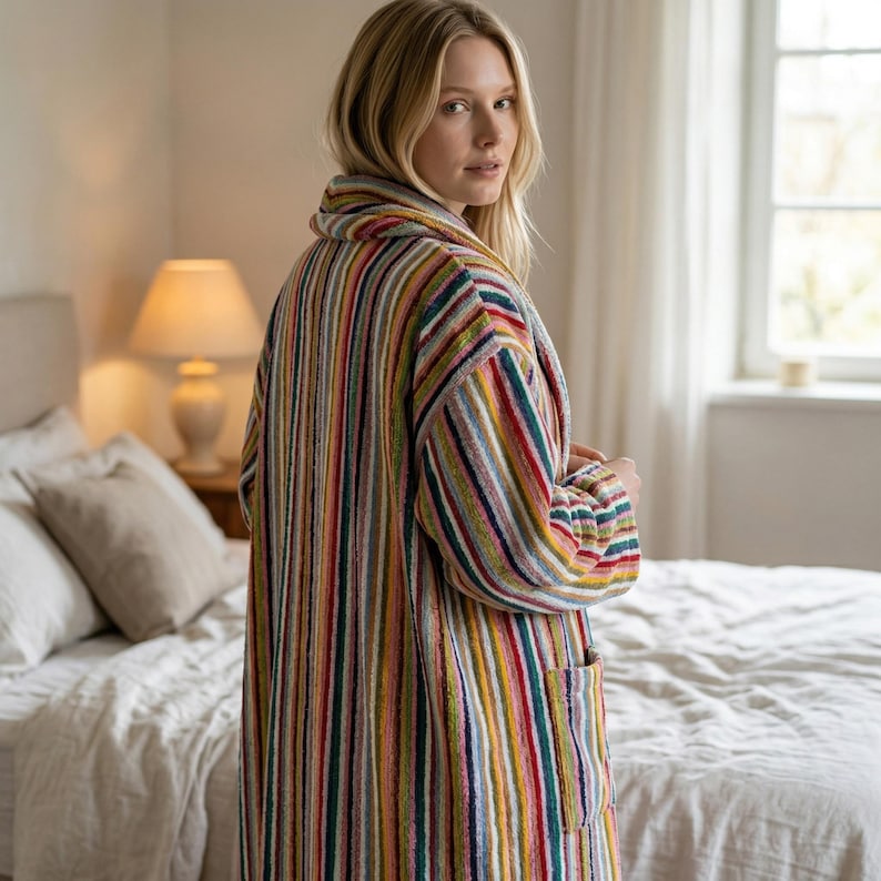 Thick Striped Cotton Bathrobe- Soft Cozy Turkish Cotton Robe, Unisex ...