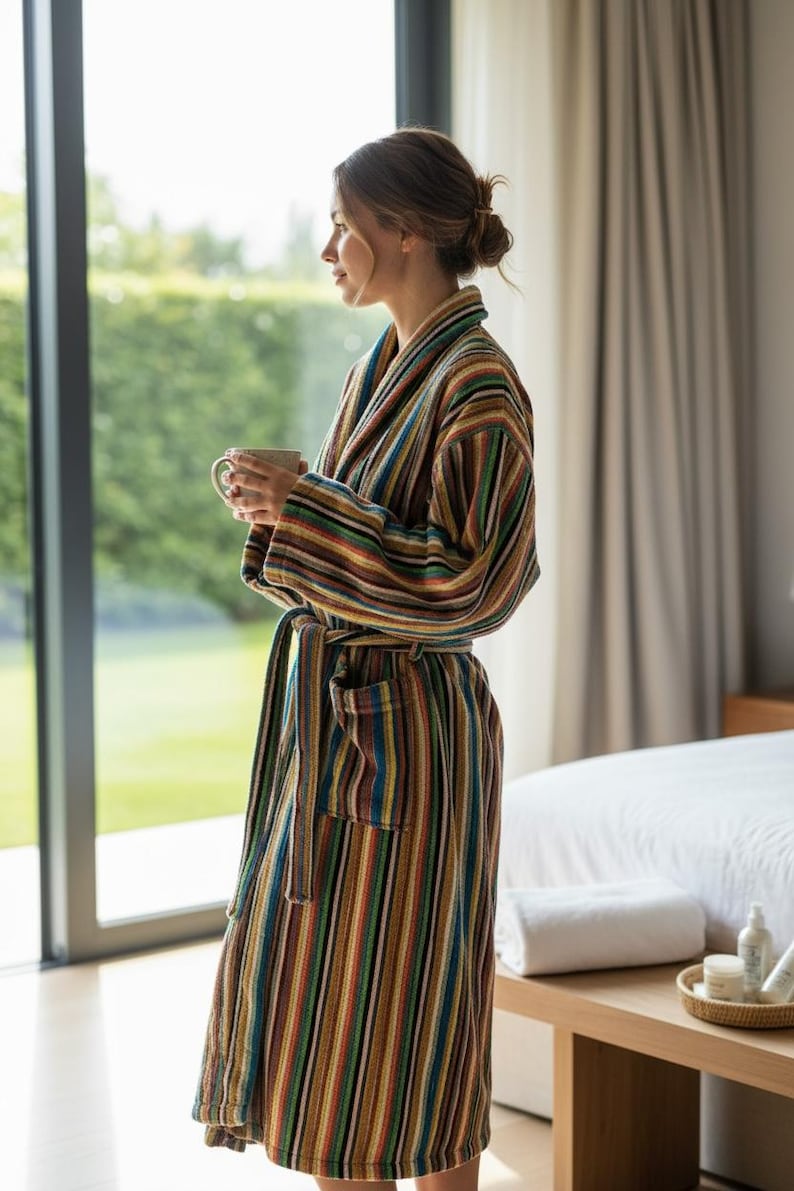 Thick Striped Cotton Bathrobe- Soft Cozy Turkish Cotton Robe, Unisex ...
