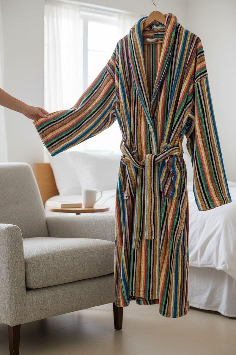 Thick Striped Cotton Bathrobe- Soft Cozy Turkish Cotton Robe, Unisex ...