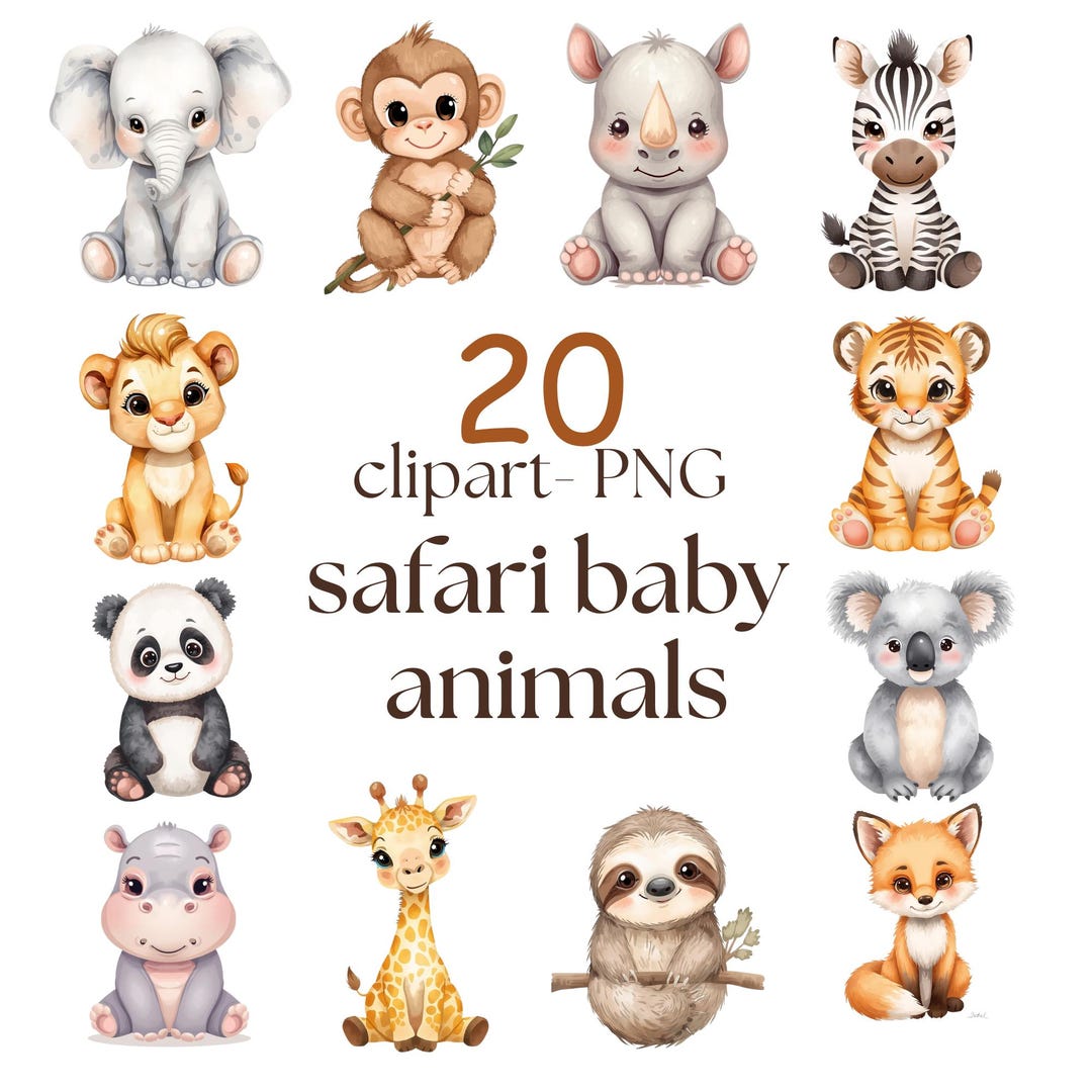 Clipart Bundle Safari Baby Animals Watercolor : 20 PNG Jungle Nursery ...