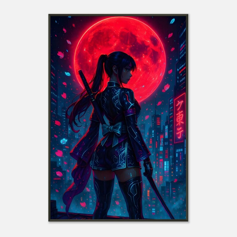 Neon Samurai Wall Art | Futuristic Anime City Print | Cyber Moon ...