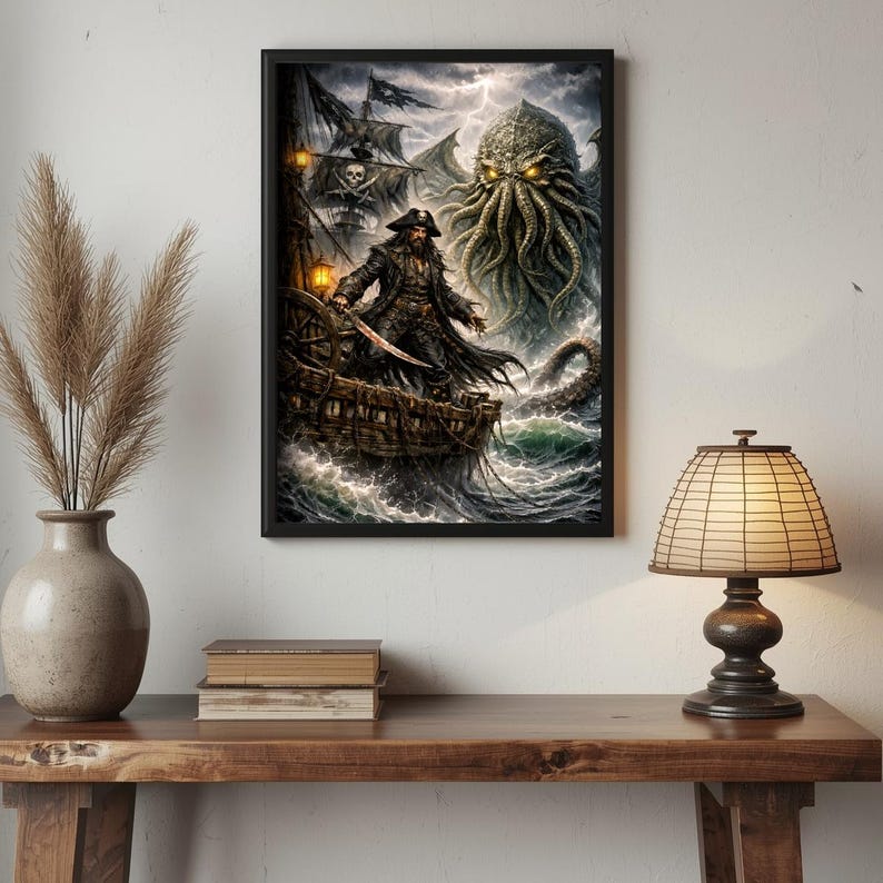 Pirate Captain Vs Cthulhu Wall Art | Gothic Pirate Ship Print | Dark ...
