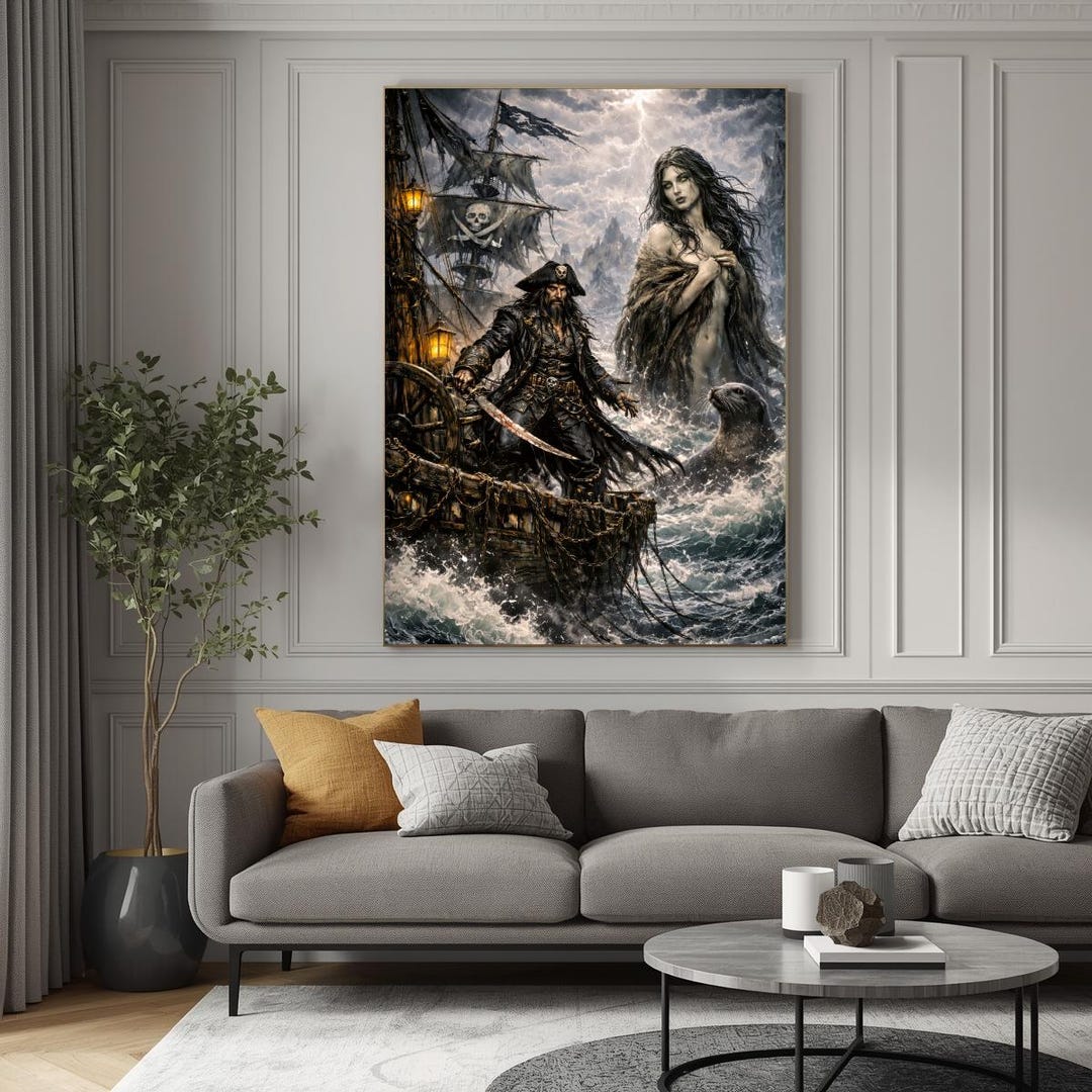 Pirate Captain and Selkie Wall Art | Gothic Pirate Ship Print | Dark ...