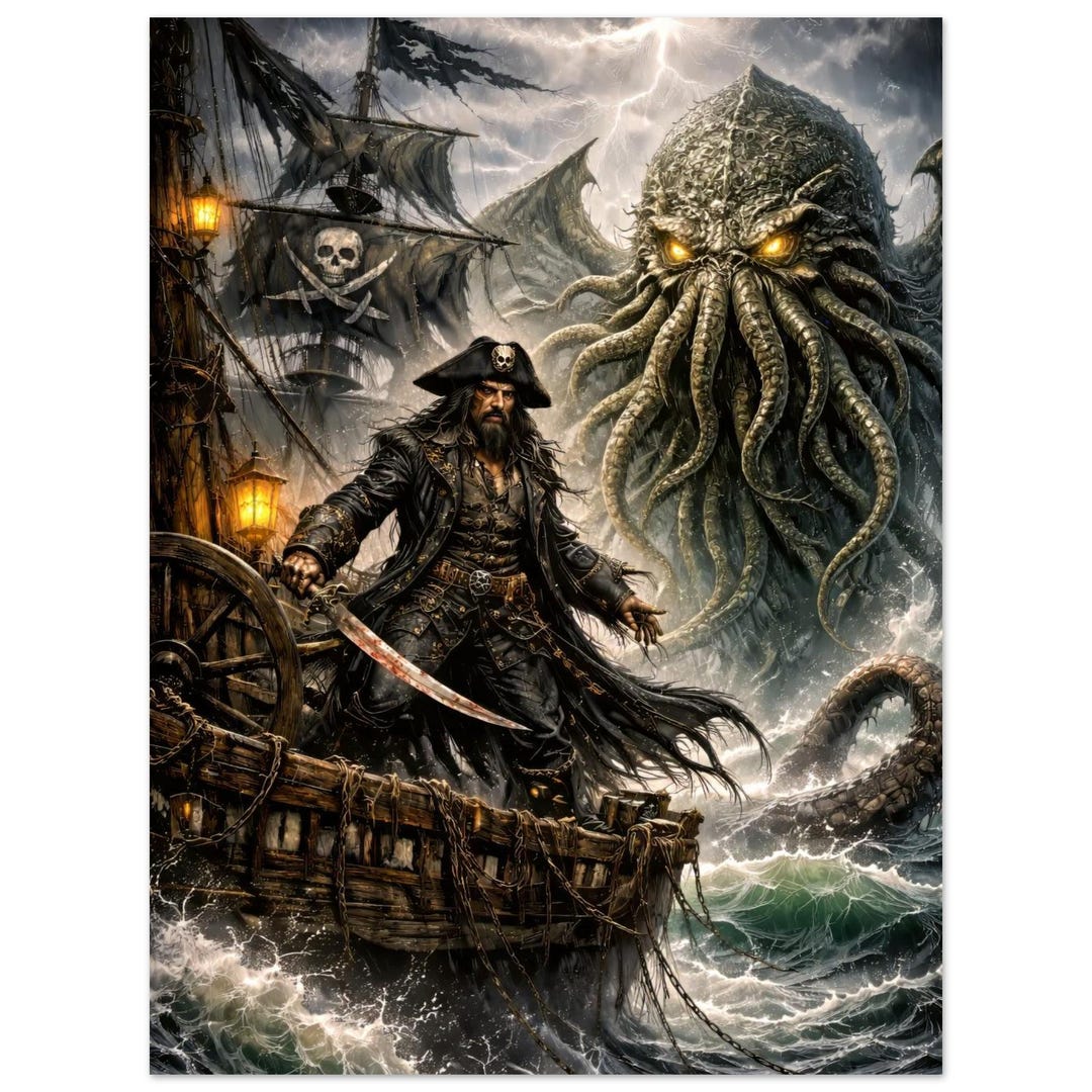 Pirate Captain Vs Cthulhu Wall Art | Gothic Pirate Ship Print | Dark ...
