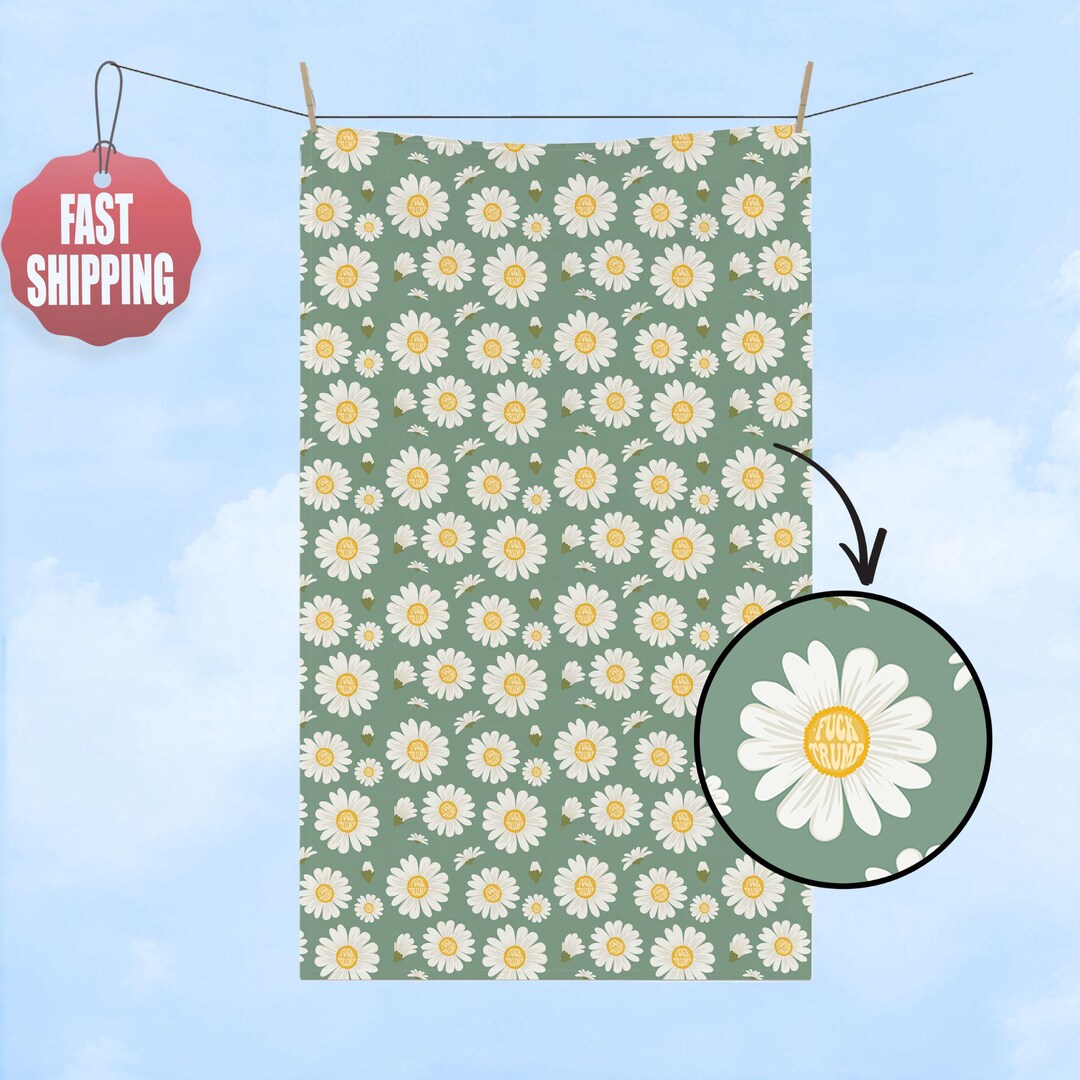 Subtle F*ck Trump Daisy Hand Towel, Sage Green Floral Kitchen & Bath ...