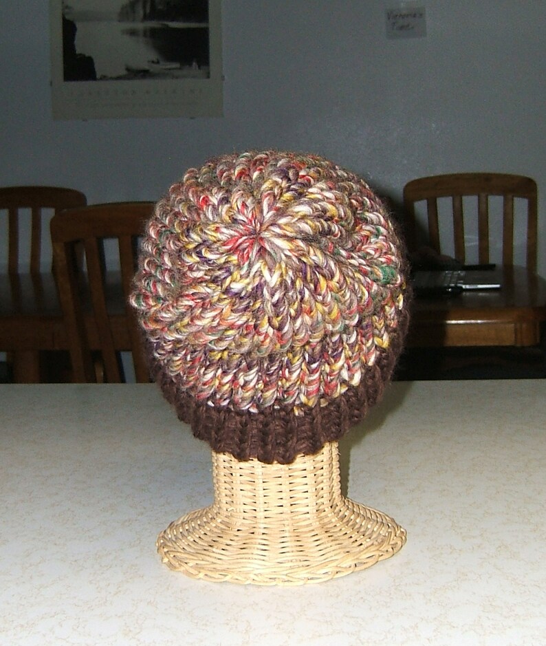 Knit Hat Stocking Cap Brown Folded Brim Multi Color Crown Wool Acrylic ...