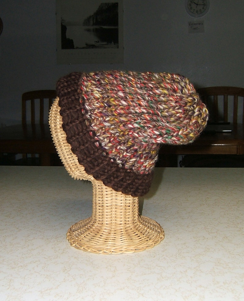 Knit Hat Stocking Cap Brown Folded Brim Multi Color Crown Wool Acrylic ...