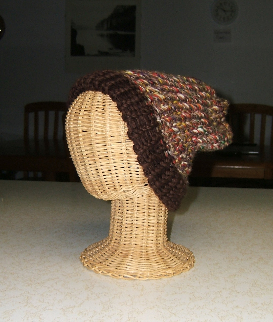 Knit Hat Stocking Cap Brown Folded Brim Multi Color Crown Wool Acrylic ...