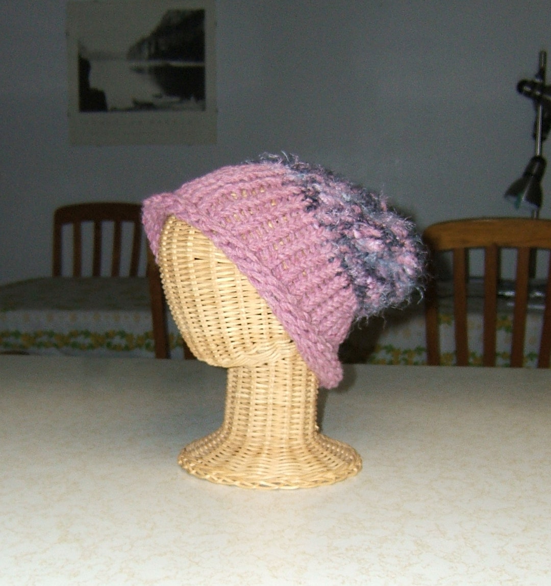 Lavender Knit Hat Curled Brim Stocking Cap Slouch Style Funky Hand Knit ...