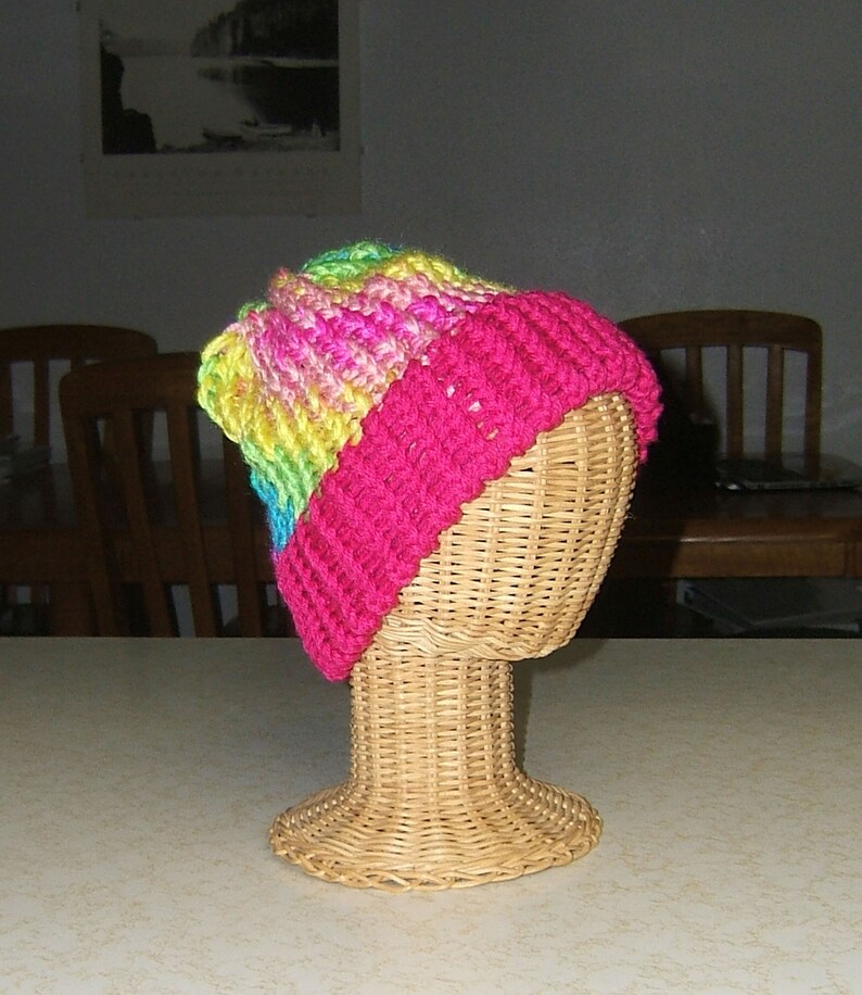 Juicy Rainbow Hat Knitted Cap Raspberry Folded Brim Brt Colors Upcycled ...