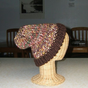 Knit Hat Stocking Cap Brown Folded Brim Multi Color Crown Wool Acrylic ...